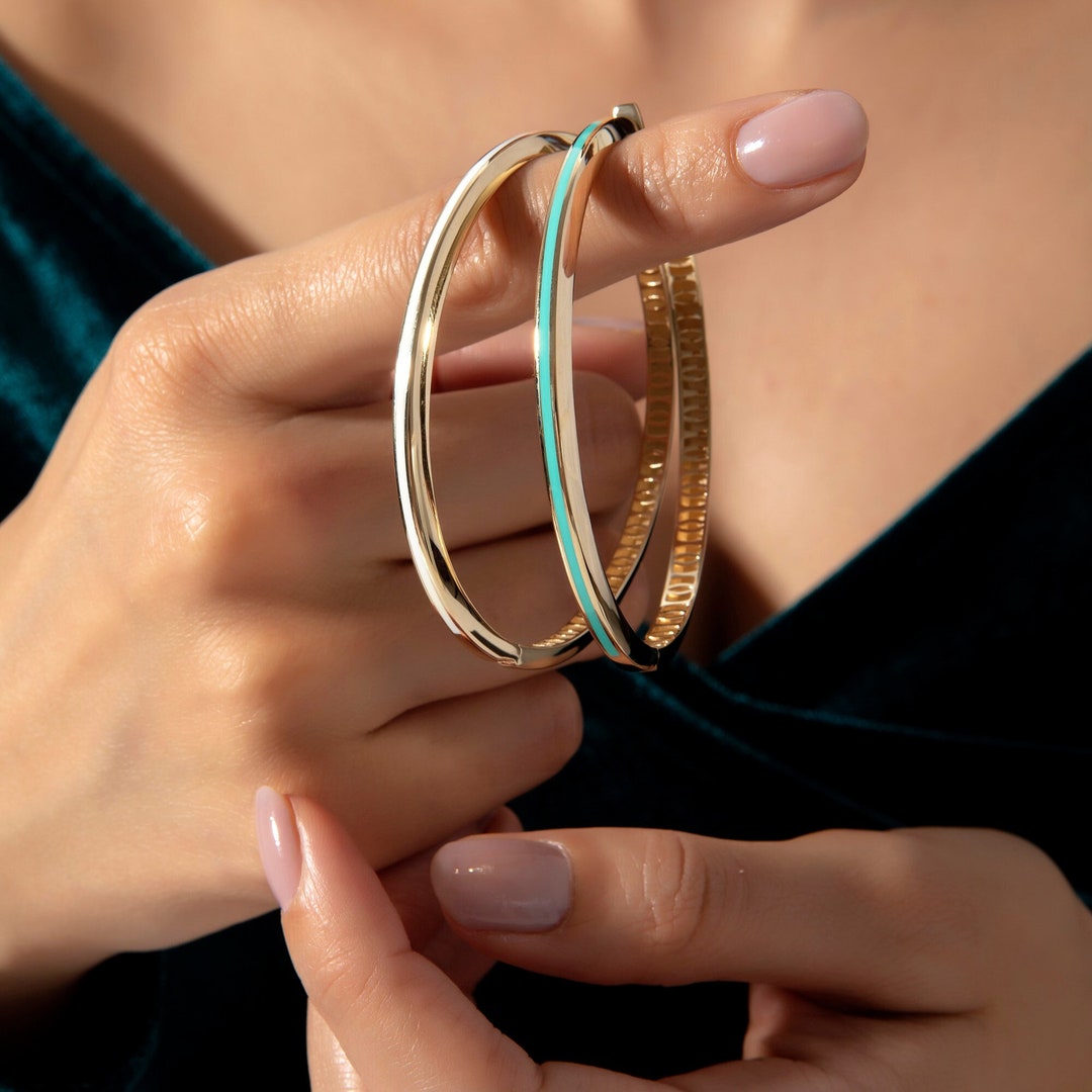 14k Solid Gold Bangle Bracelet , Colorful Enamel Stacking Bangle Brecelet , Minimalist Bangle ...