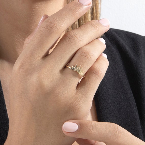 14k Solid Gold Sunburst Ring Gold Sunbeam Ring Sunshine - Etsy