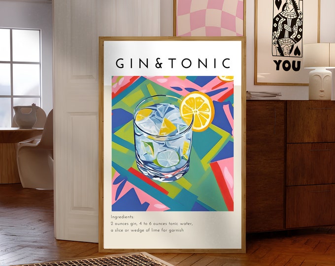 Gin and Tonic Cocktail Print Art With Classic Cocktail Recipe. Drinks ...