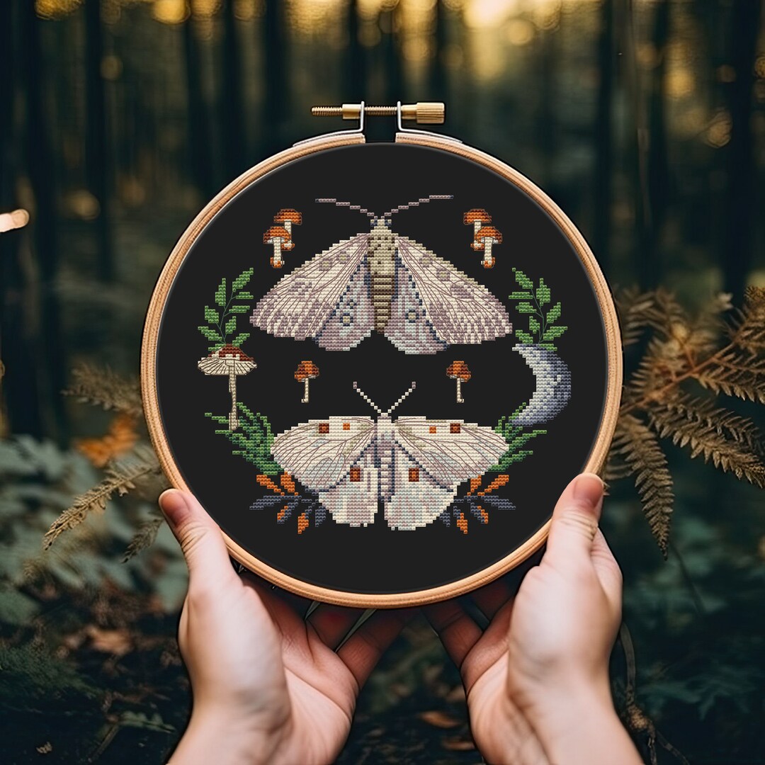 Mushroom Moth Cross Stitch Pattern PDF - Butterfly Sampler Gothic Green ...