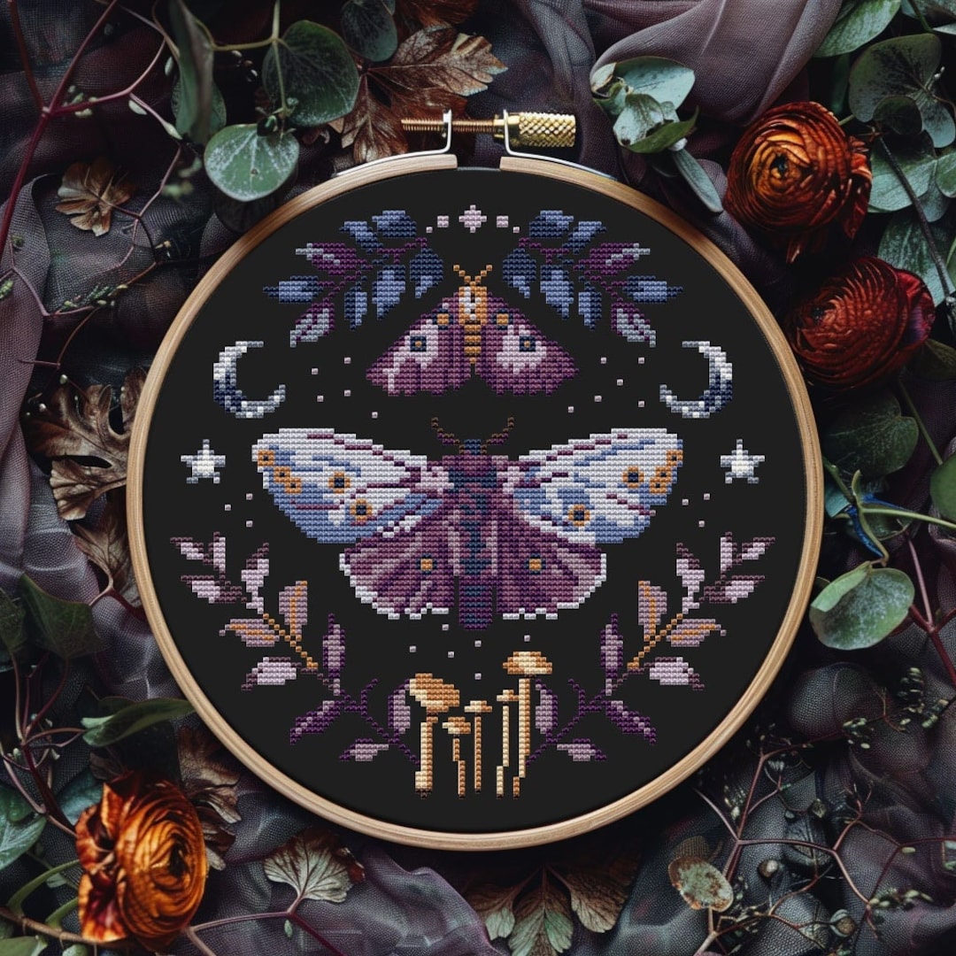 Gothic Moth Cross Stitch Pattern PDF - Dark Entomology Cottagecore Moon ...