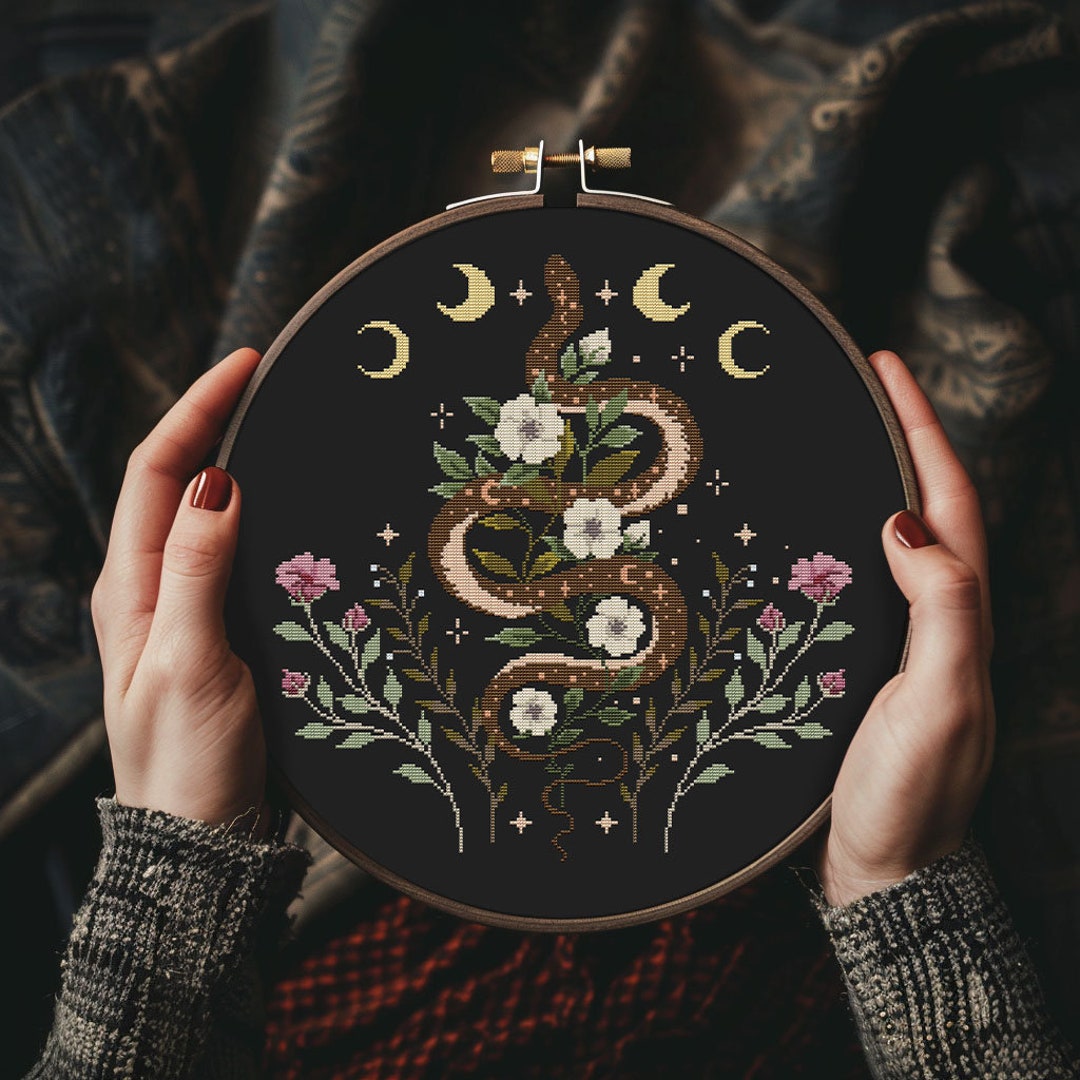 Gothic Snake Cross Stitch Pattern PDF - Flowers Crescent Moon Witchy ...