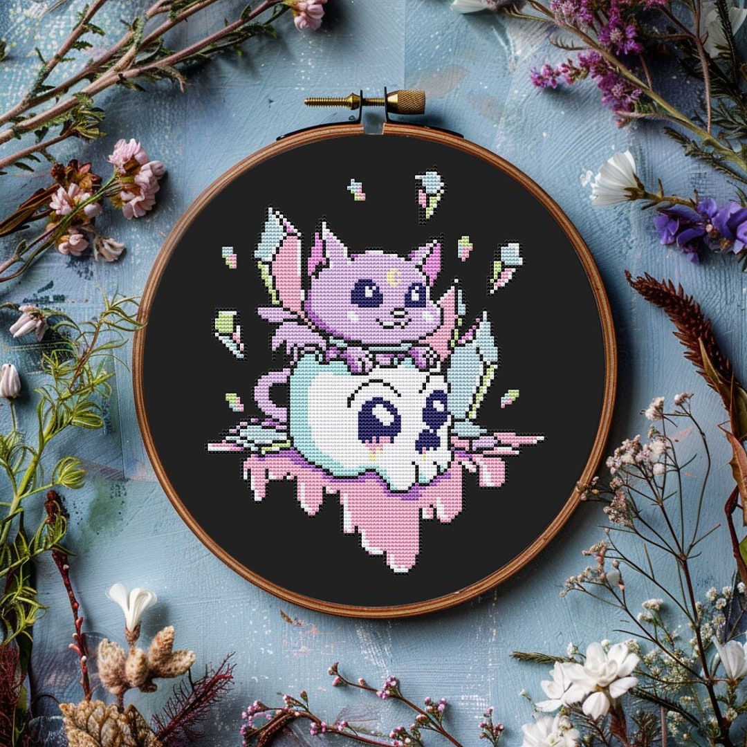 Pastel Goth Cross Stitch Pattern PDF - Kawaii Witchy Cat Cute Creepy ...