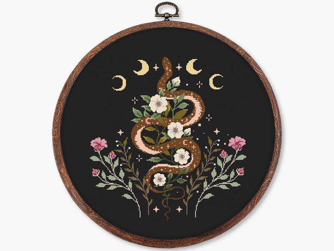 Gothic Snake Cross Stitch Pattern PDF Flowers Crescent Moon Witchy ...