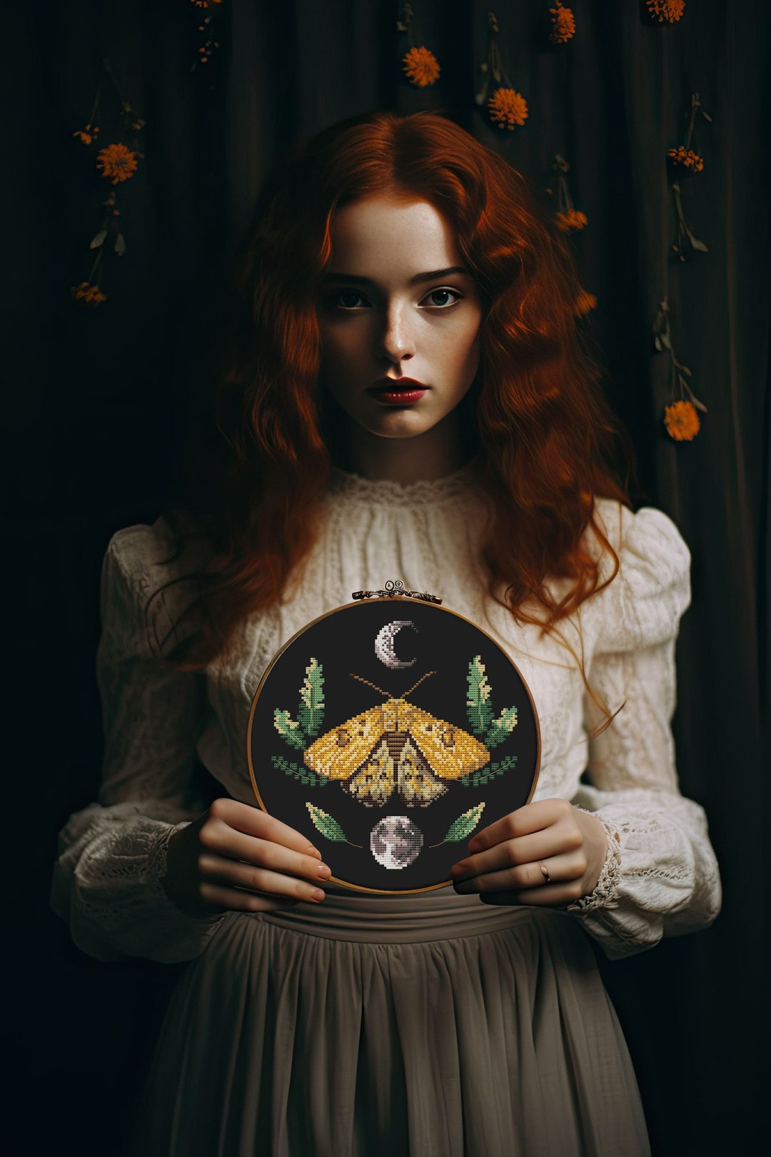 Floral Moth Cross Stitch Pattern PDF - Butterfly Witchy Half Moon Insect Esoteric Modern ...