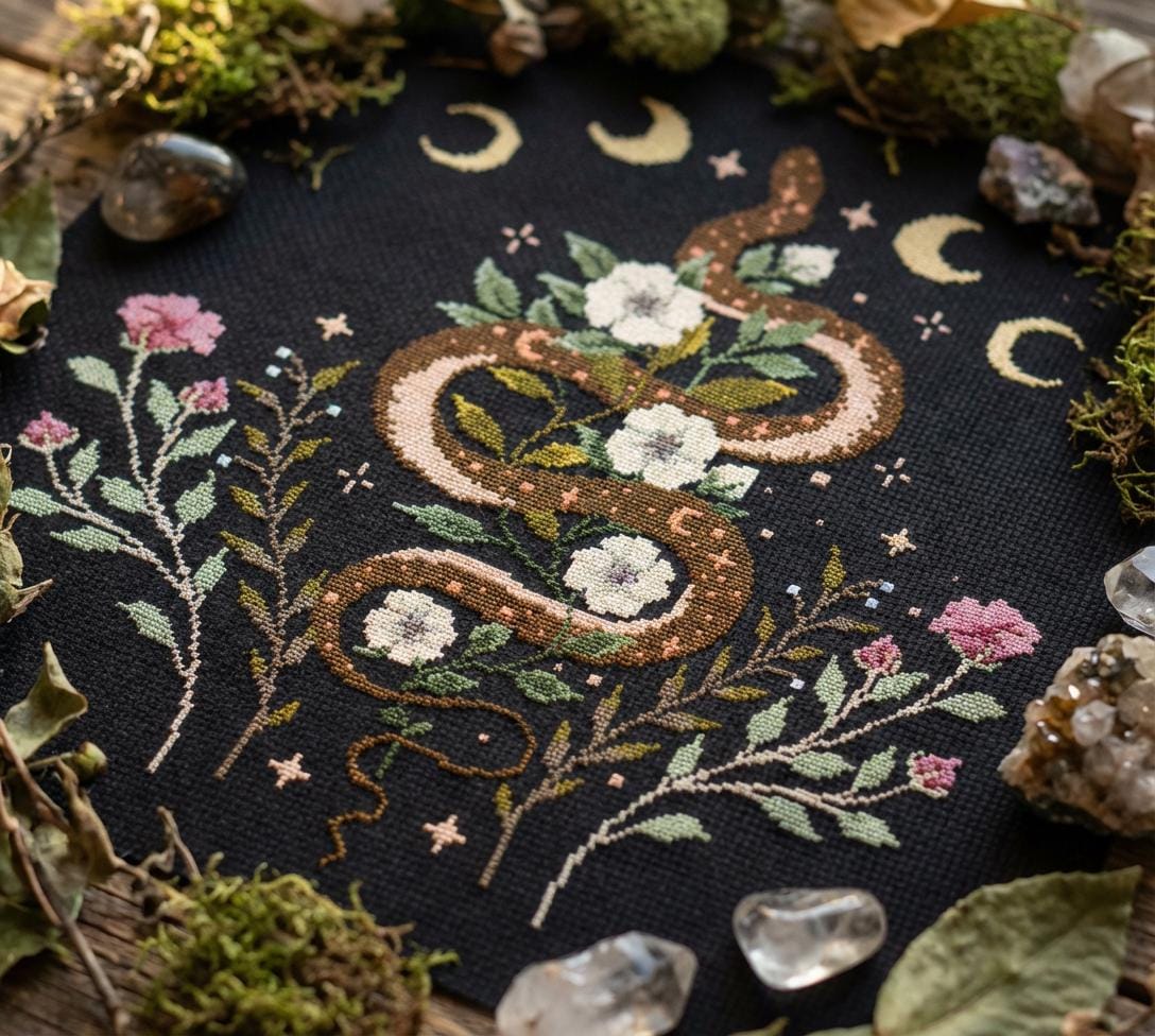 Gothic Snake Cross Stitch Pattern PDF - Flowers Crescent Moon Witchy ...
