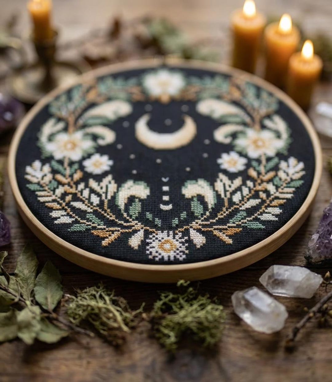 Imbolc Moon Cross Stitch - Witchy Spring Floral Design - Digital ...
