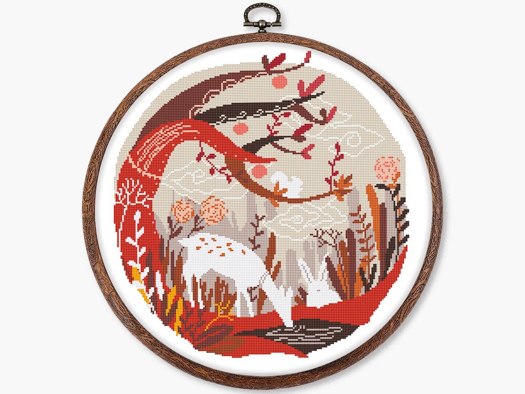 Nature Home Decor Cross Stitch Pattern PDF - Digital Download – Landscape Deer Forest Round ...