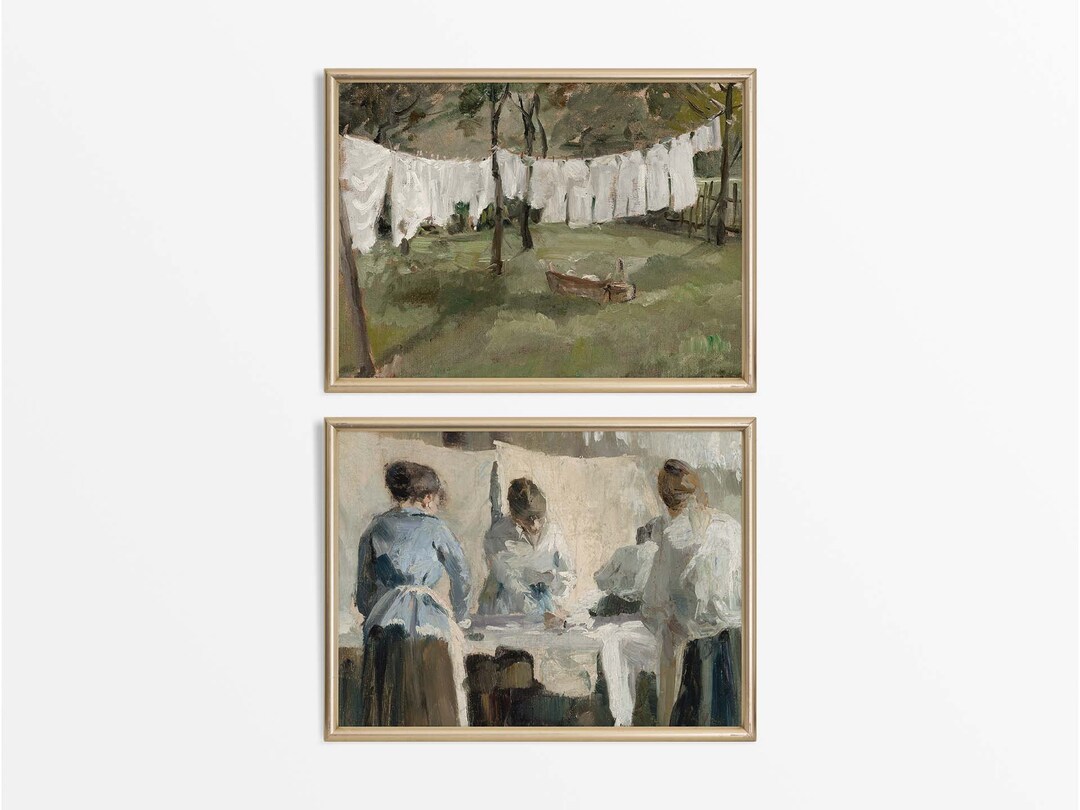 Set of Two Vintage Laundry Room Wall Art, Neutral Antique Oil Paintings ...