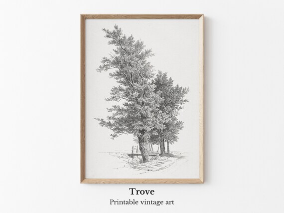 Rustic Tree Landscape Sketch Drawing Print Neutral Vintage - Etsy