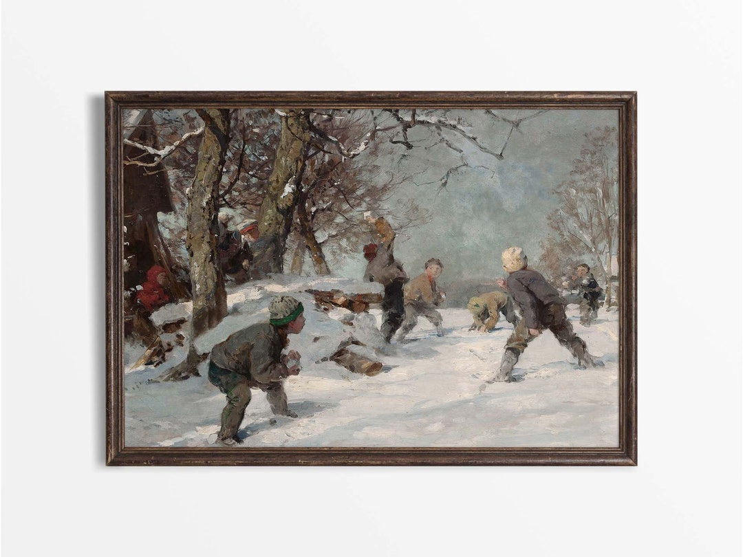 Vintage Snowball Fight Oil Painting Print, Neutral Antique Christmas ...