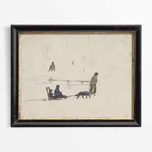 Rustic Antique Sledding Wall Art, Vintage Winter Watercolour Painting ...