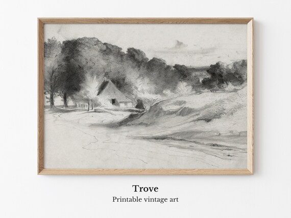 Cottage Landscape Sketch Drawing Print Neutral Rustic - Etsy