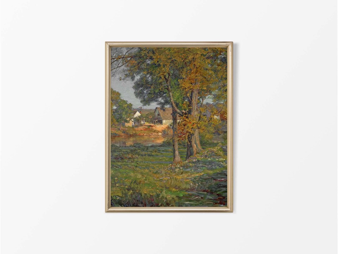 Antique Autumn Landscape Oil Painting, Vintage Fall Colours Wall Art ...