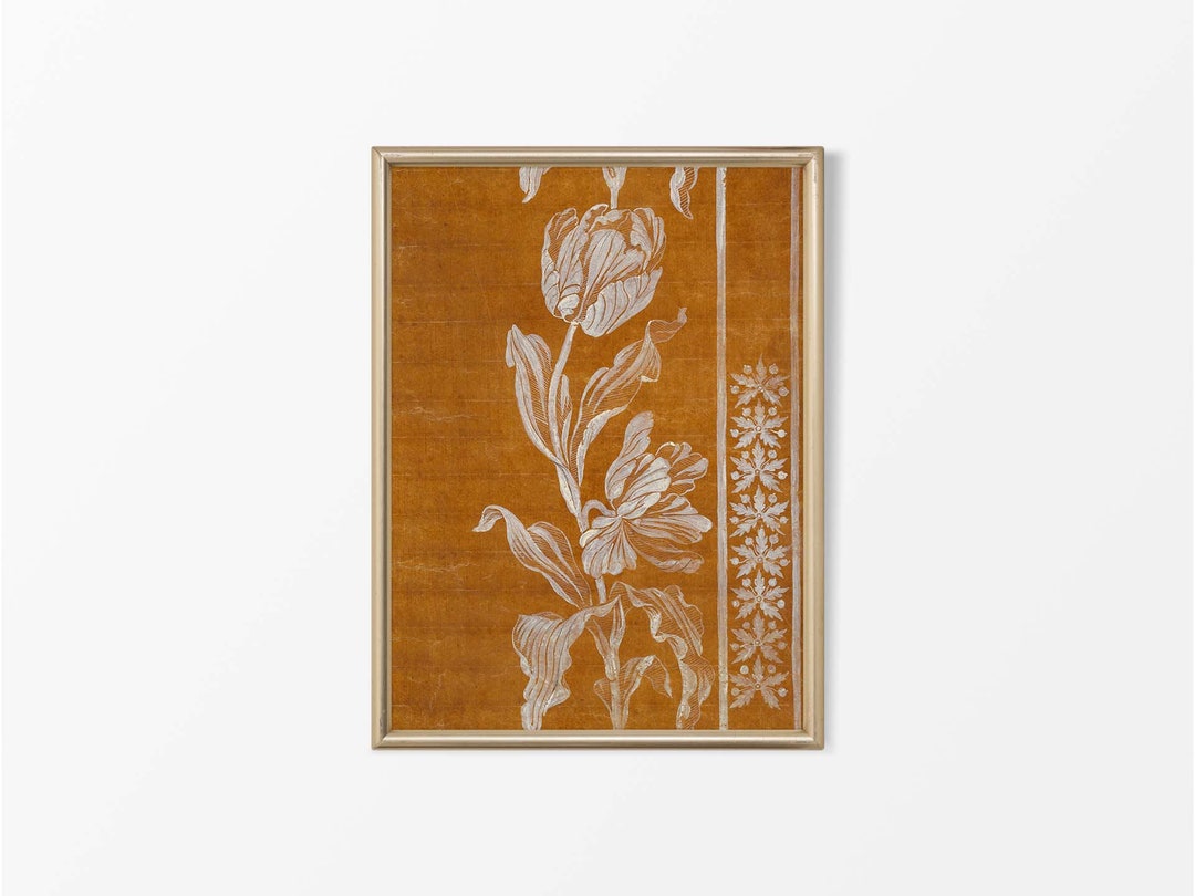 Burnt Orange Floral Pattern Wall Art | Rustic Vintage Drawing Print ...