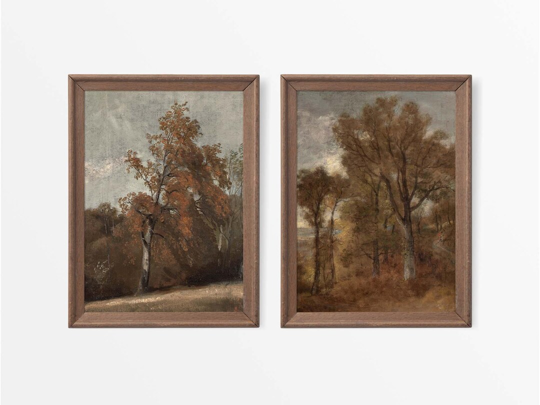 Set of Two Moody Antique Autumn Landscape Oil Paintings, Vintage Fall ...