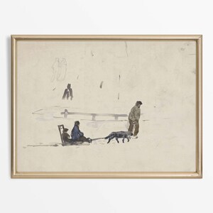 Rustic Antique Sledding Wall Art, Vintage Winter Watercolour Painting ...