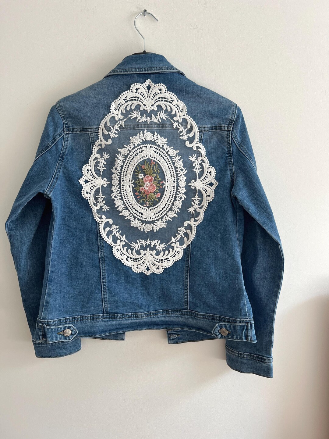 Embroidered Lace Denim Jacket: Handmade Women's Unique Coat - Etsy