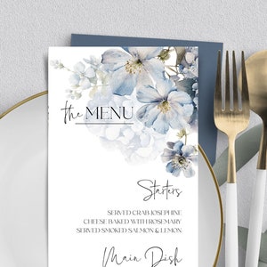 Dusty Blue Wedding Menu Template, Blue Flowers Desert Wedding Menu ...