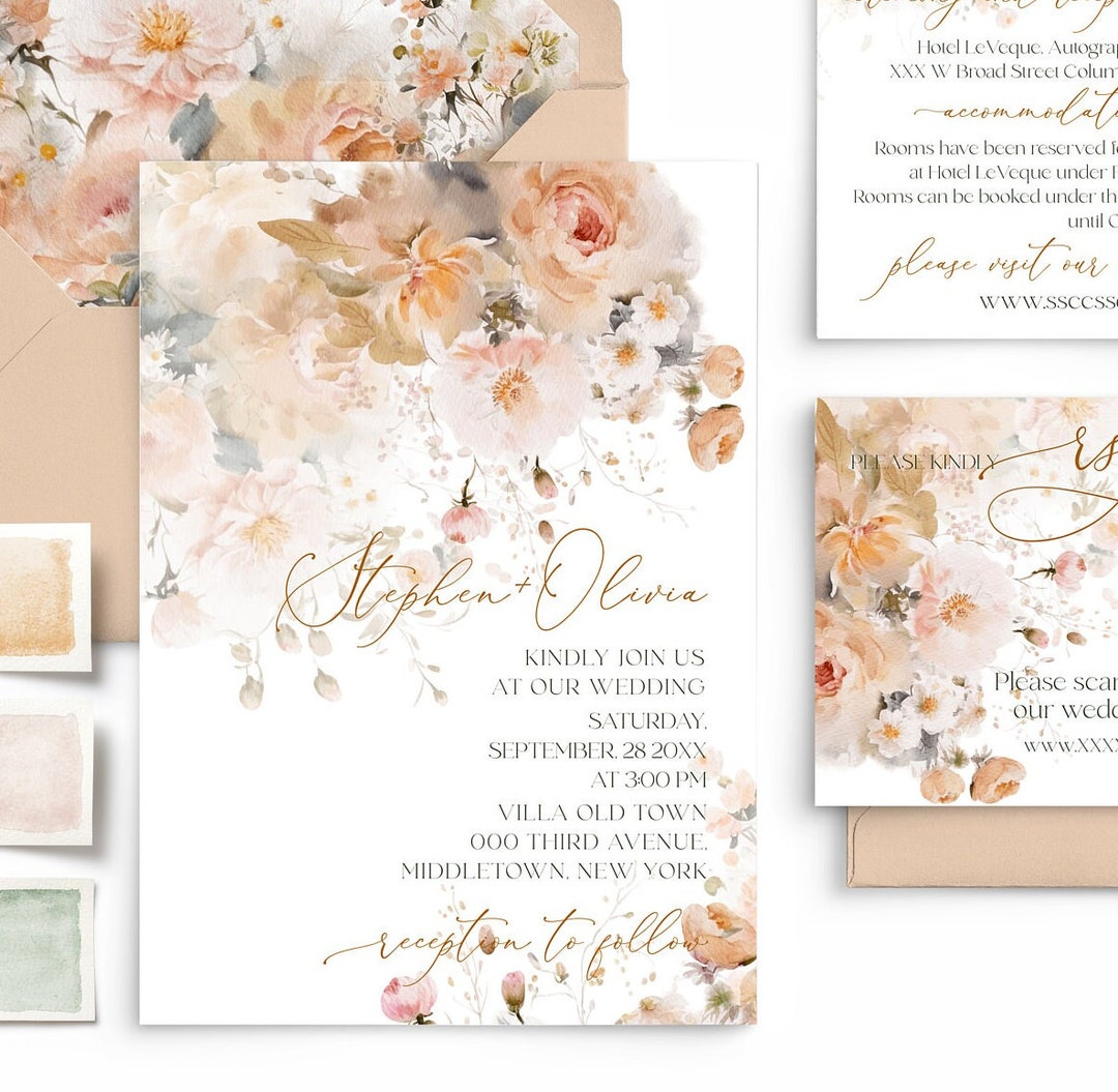 Peach Fuzz Flowers Printable Wedding Invitation Rsvp Template, Apricot Bloom Theme QR Code ...