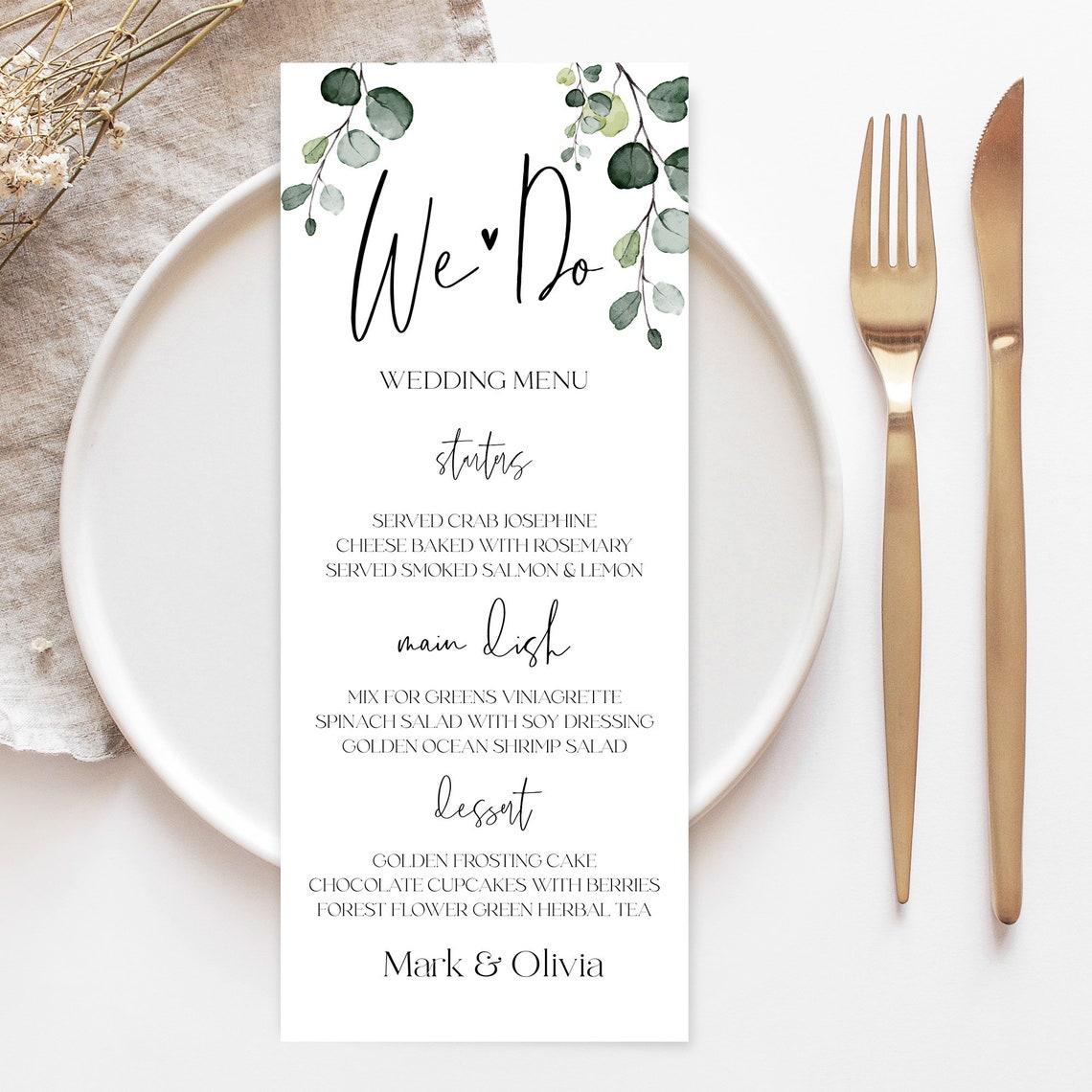 Minimalist Wedding Menu Template Printable Greenery Menu Card Editable ...