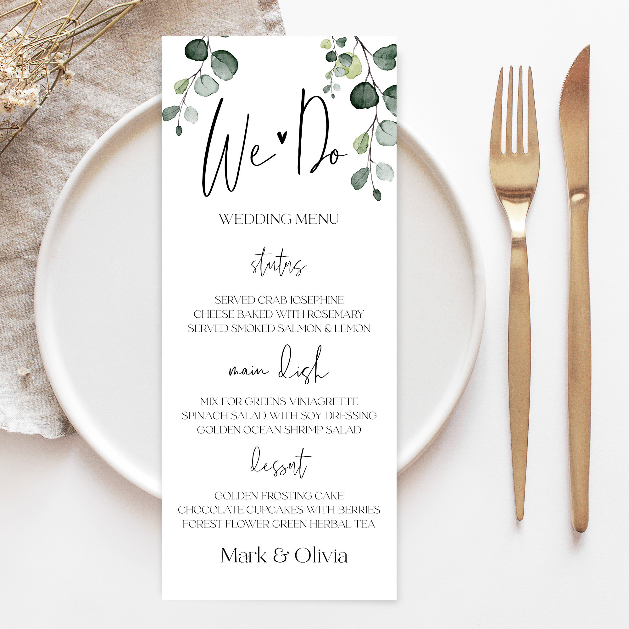 Minimalist Wedding Menu Template Printable Greenery Menu Card Editable ...