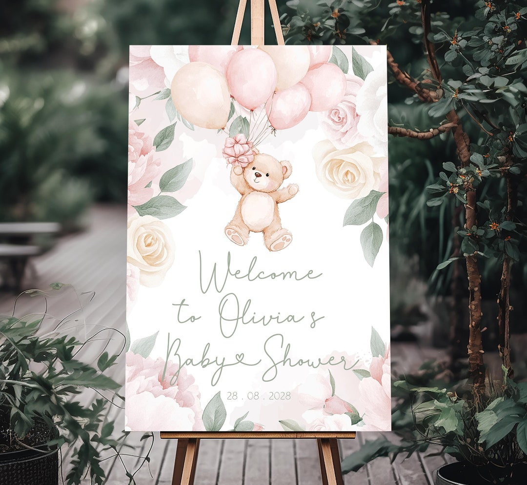 Pink Teddy Bear Baby Shower Welcome Sign Template | We Can Bearly Wait ...