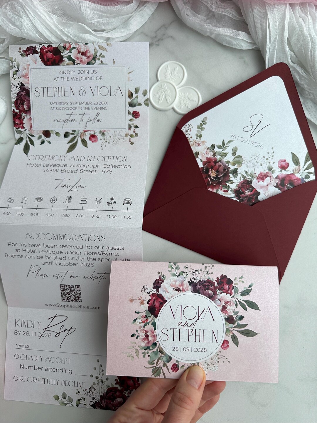 Burgundy Concertina Invitation RSVP Card, Trifold Wedding Invitation ...