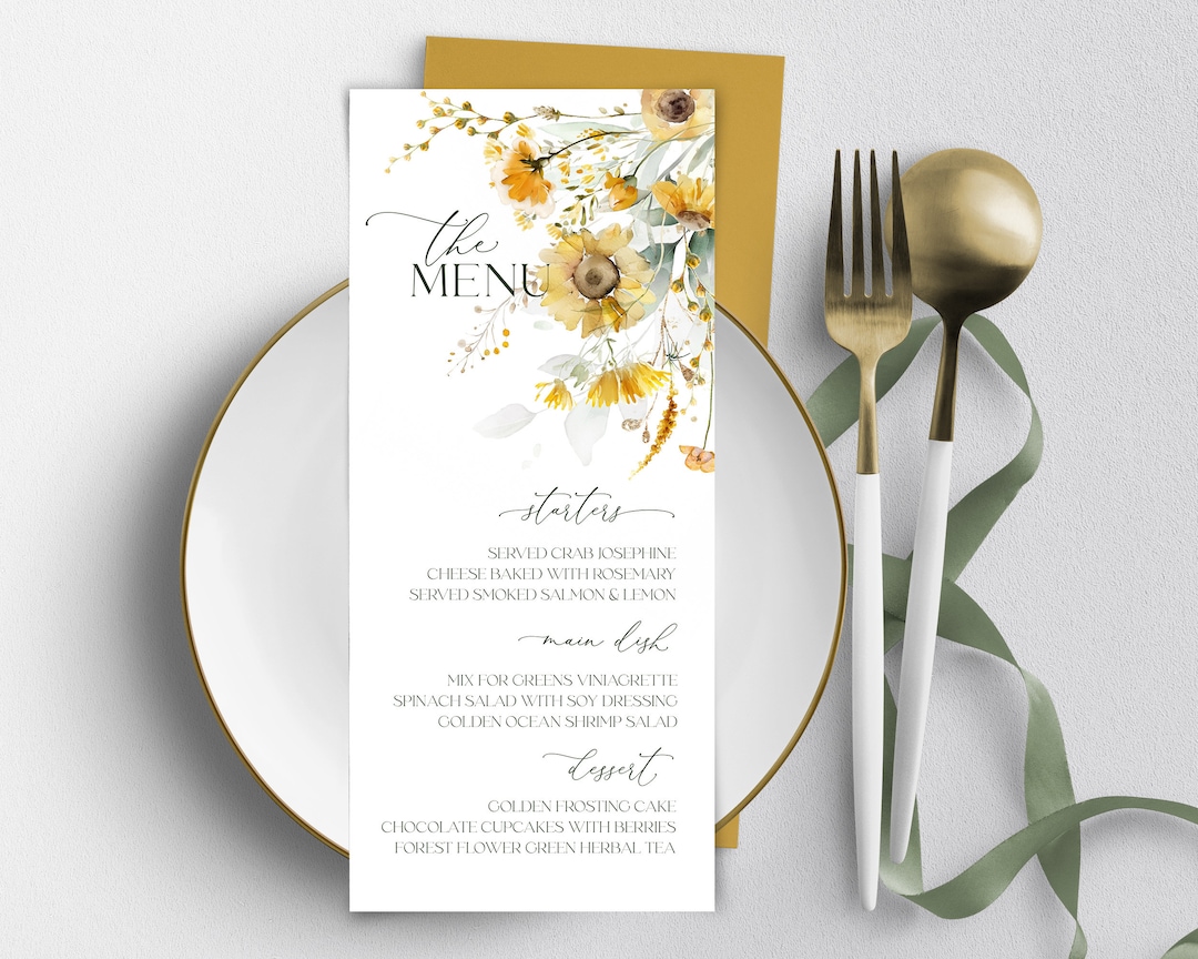 Yellow Wedding Menu Template | Printable Yellow Flowers Modern Menu ...