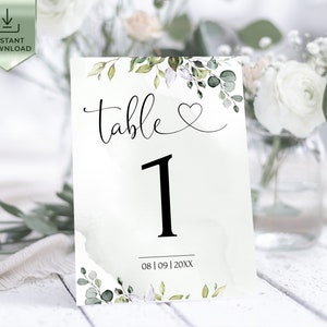 Table Numbers Template, Printable Greenery Wedding Table Number ...