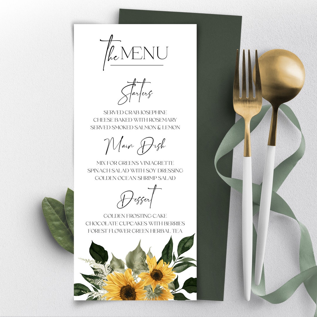 Sunflower Wedding Menu Template: Rustic Printable Dinner Card - Etsy
