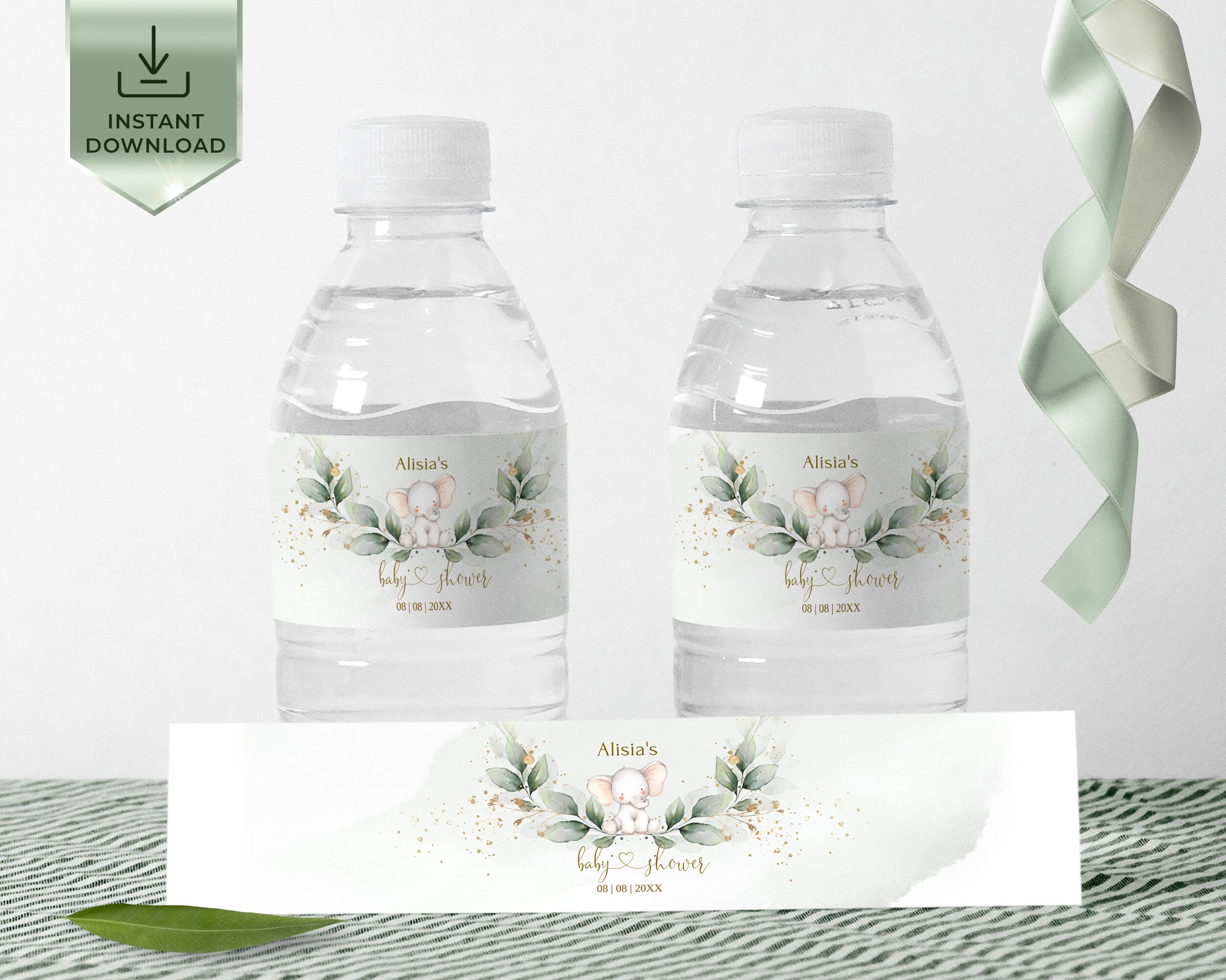 LUKE elephant Baby Shower Bottel Label Template, Baby Shower Greenery ...