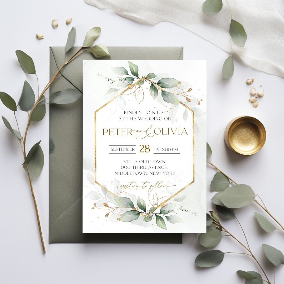Sage Green Wedding Invite Template, Modern Wedding Invitation, Greenery ...