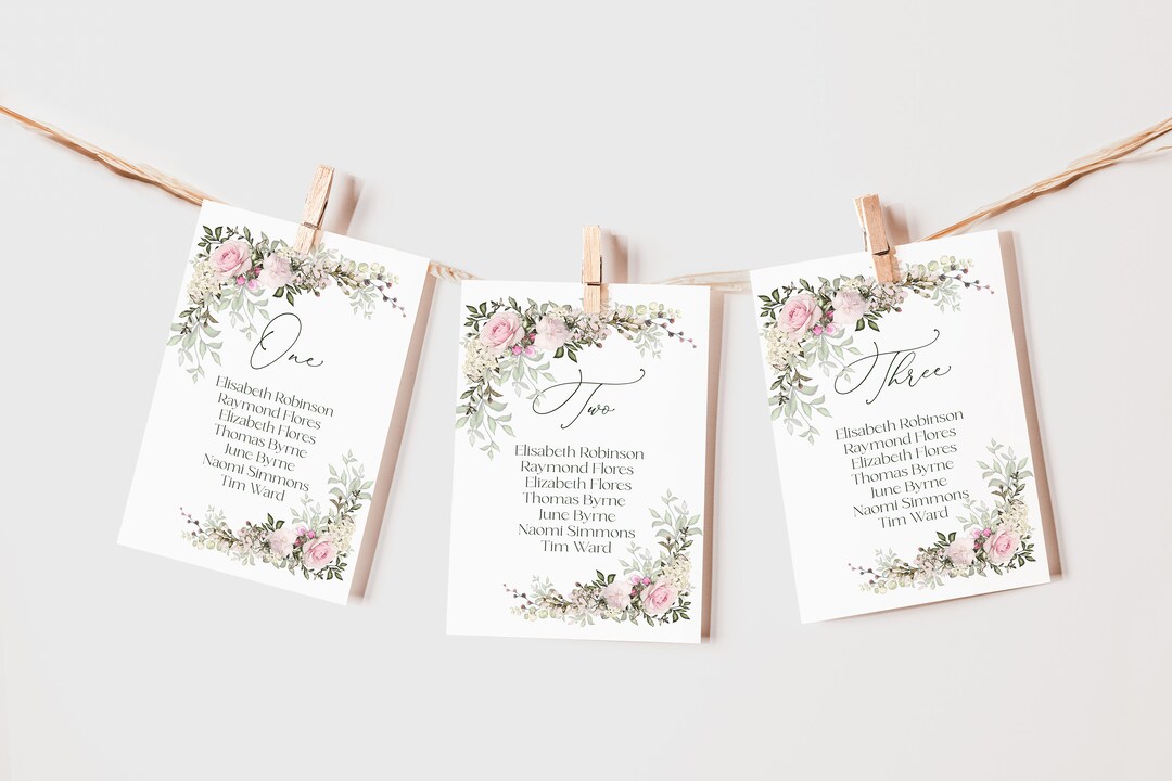 Tea Rose Wedding Seating Chart Cards Template, Soft Pink Printable ...
