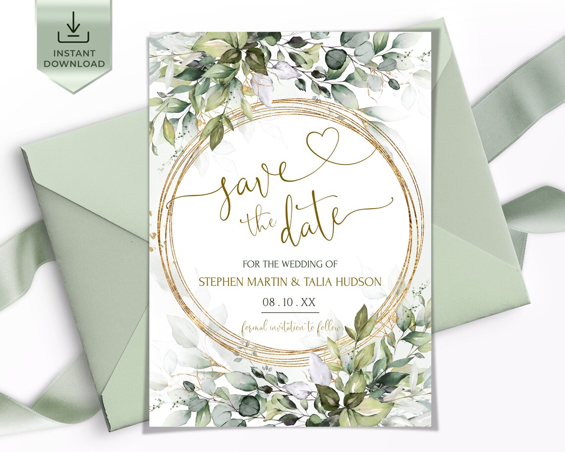 Eucalyptus Save the Date: Sage Greenery Heart (editable Template) - Etsy