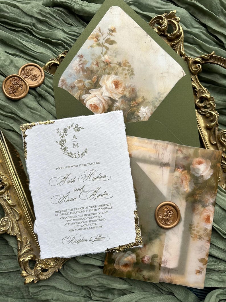 Luxury Wedding Invitation Set Handmade Cotton Paper Gold Deckled Edge ...