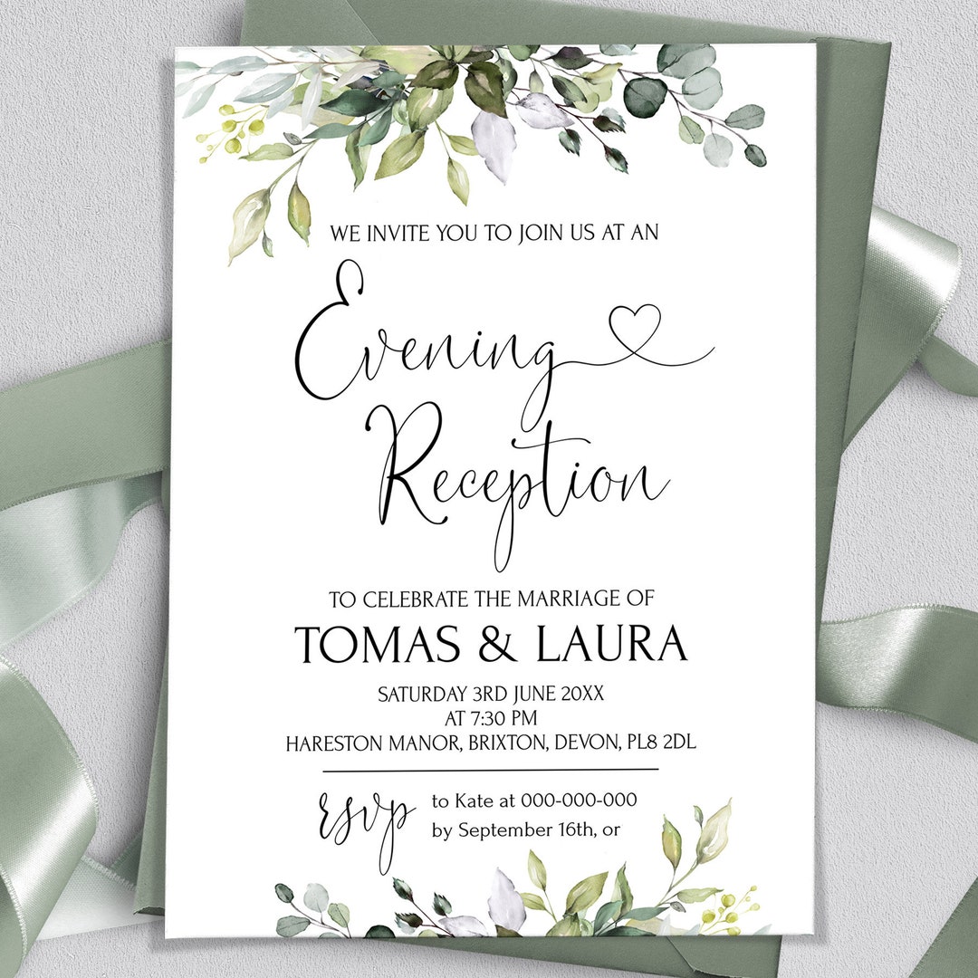 Evening Reception Invitation Template, Printable Greenery Wedding ...