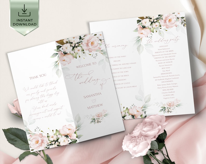 Blush Pink Floral Wedding Program Template (digital Download) - Etsy