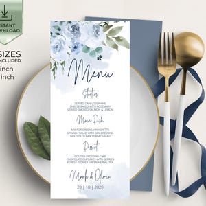 Blue Wedding Menu Template, Soft Blue Flowers Desert Wedding Menu and ...