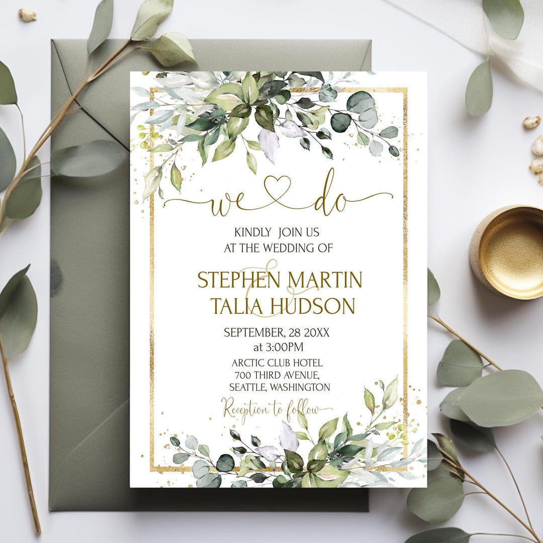 Green Gold Wedding Invitation Template | Printable Gold Frame Wedding ...