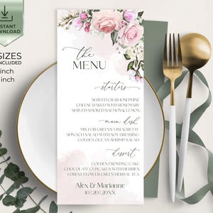 Menu Template Printable Blush Pink Flowers Wedding Menu Card Garden ...