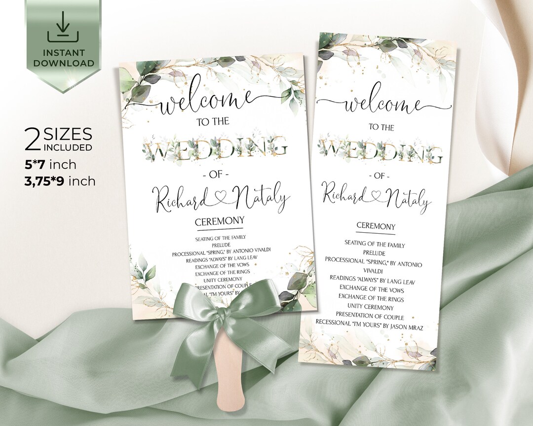 ROYALTY Wedding Program Template, Printable Greenery Gold Fan Wedding ...