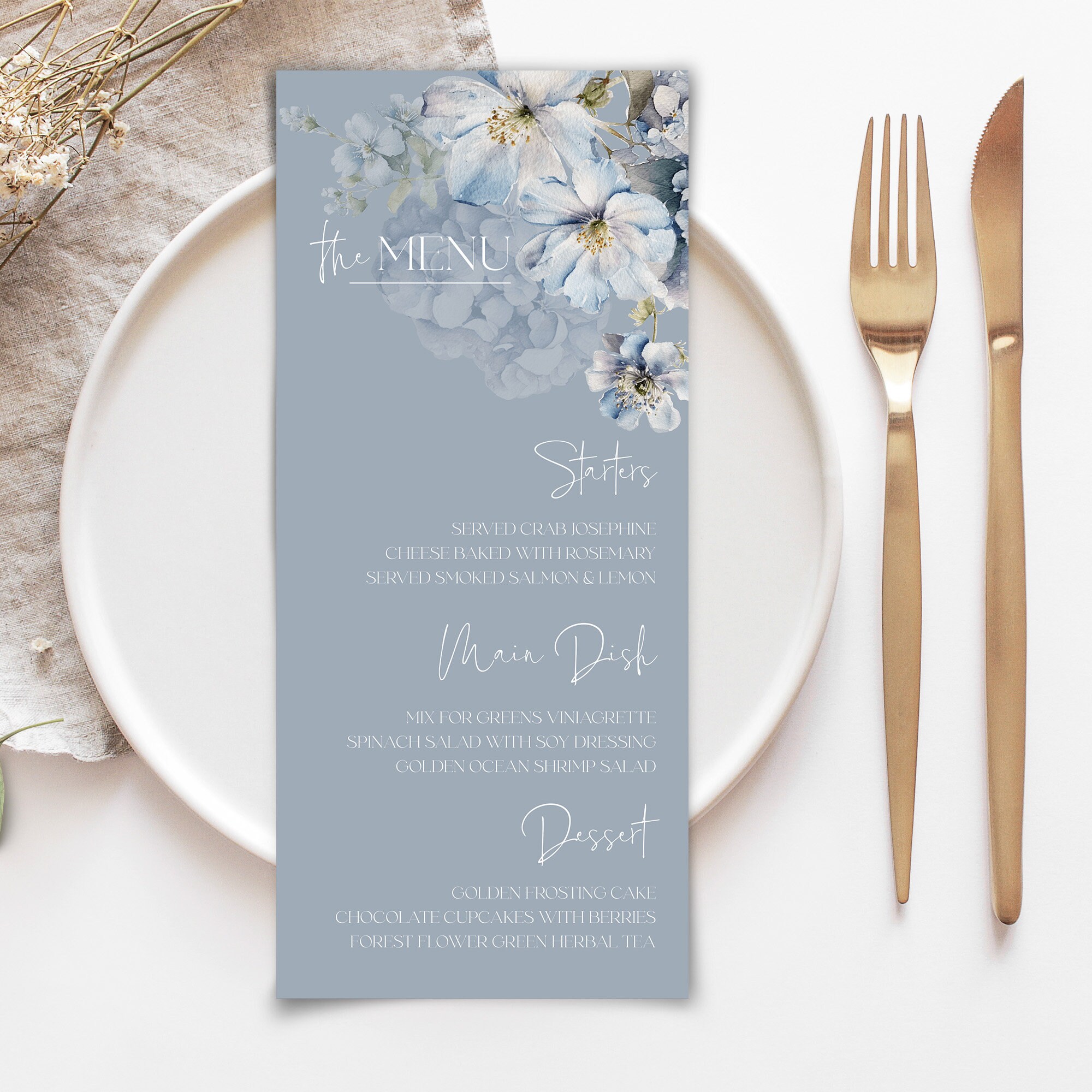 Dusty Blue Wedding Menu Template Blue Flowers Desert Wedding Menu Blue ...