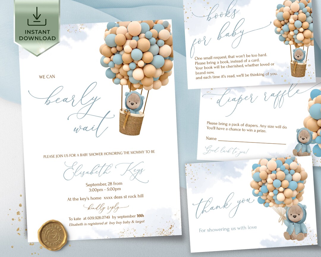 Teddy Bear Baby Shower Invitation Set Template, We Can Bearly Wait Baby Shower, Bear With ...