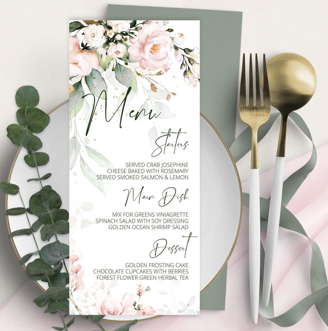 Pink Menu Template | Blush Pink Rose Printable Menu Card | Modern ...