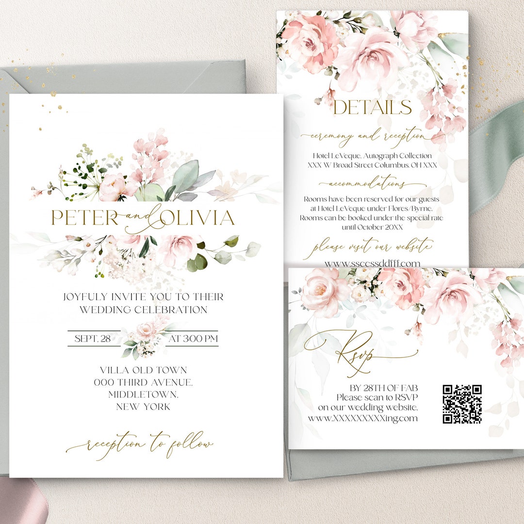 Blush Pink Wedding Invitation Bundle Template | Printable Soft Pink ...