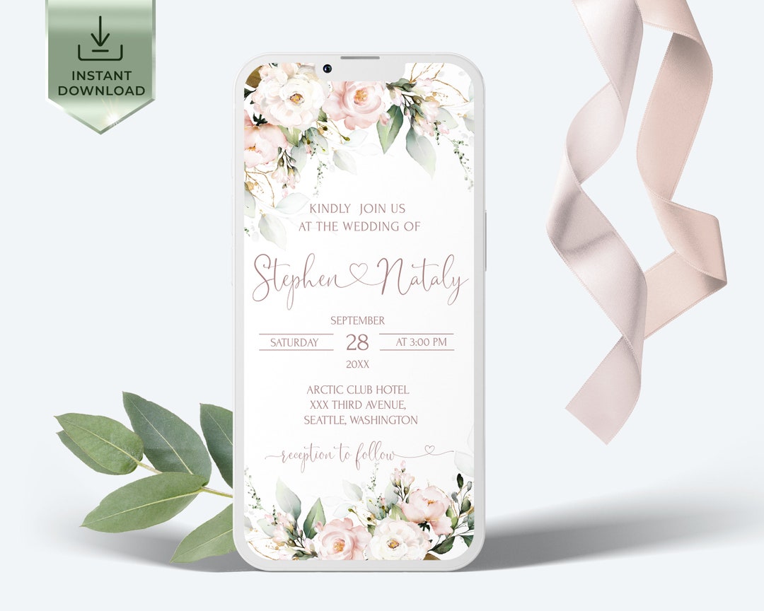 Blush Pink Digital Wedding Invitation Template | Soft Pink Flowers ...