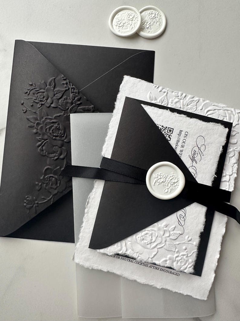 Embossed Wedding Invitations, Deckled Edge Handmade Cotton Paper, Roses ...