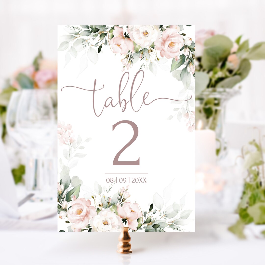 Soft Pink Table Numbers Template | Printable Blus Pink Wedding Table ...