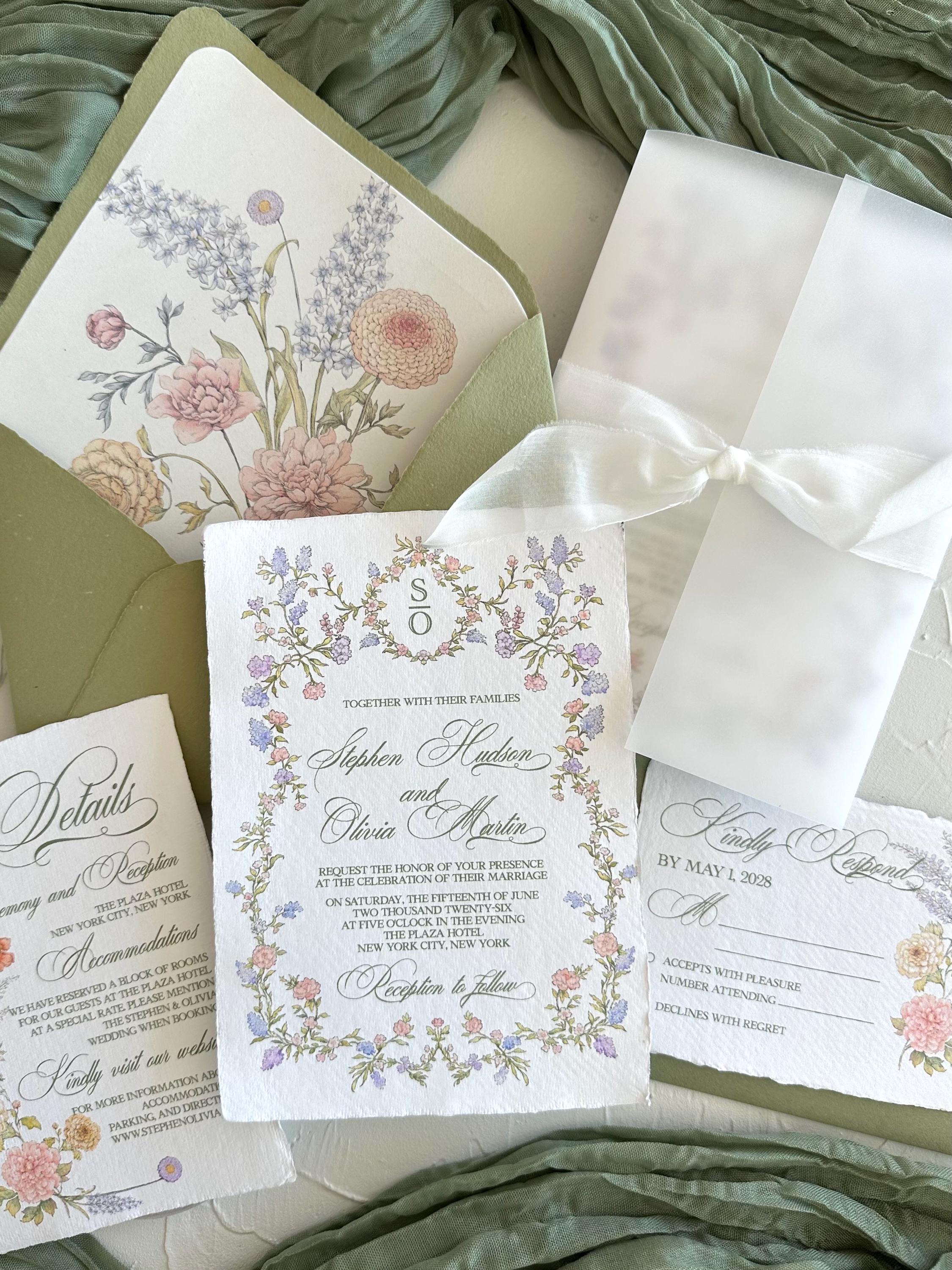 Victorian Wedding Invitation Cotton Handmade Paper, Floral Calligraphy ...